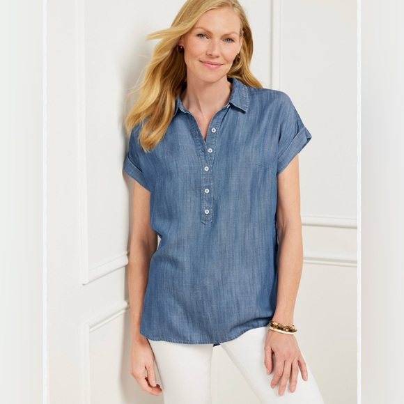 Talbots | Tops | Talbots Tencel Chambray Blue Relaxed Tunic Blouse Womens Xl | Poshmark
